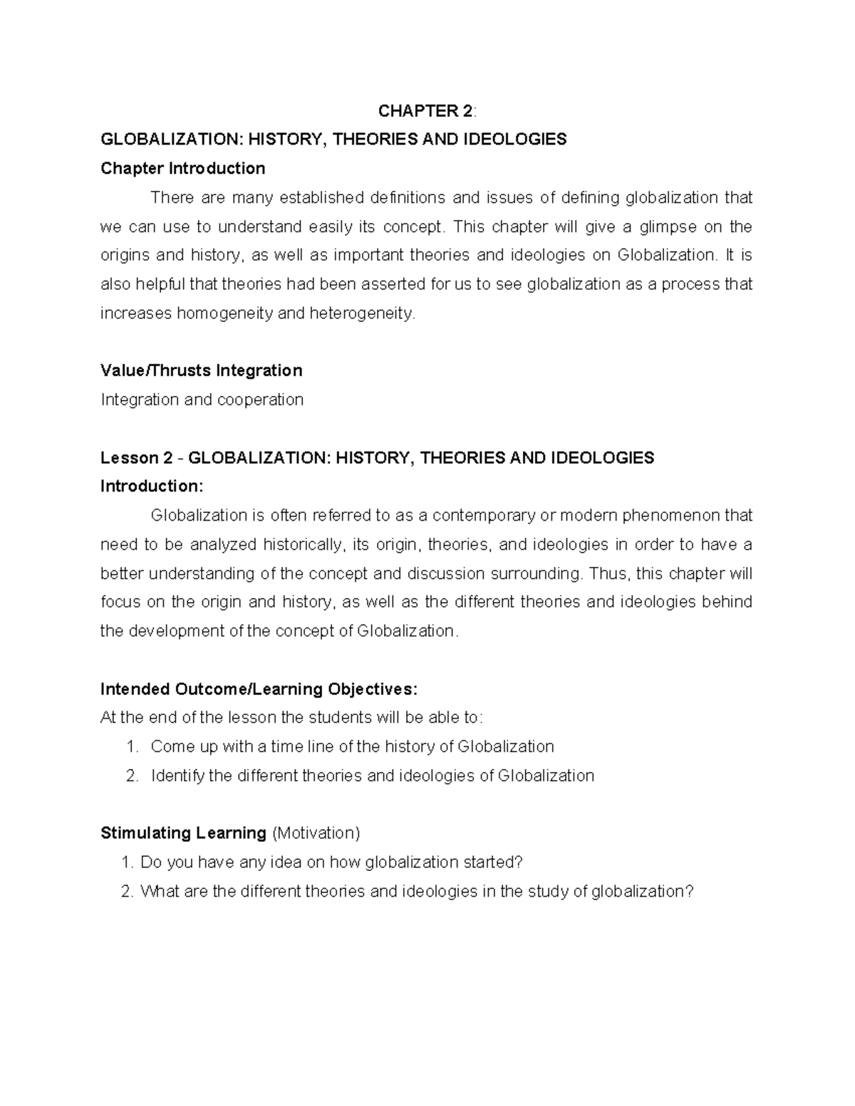 GEC 3 Chapter 2 - Understanding Globalization: History & Theories - Studocu