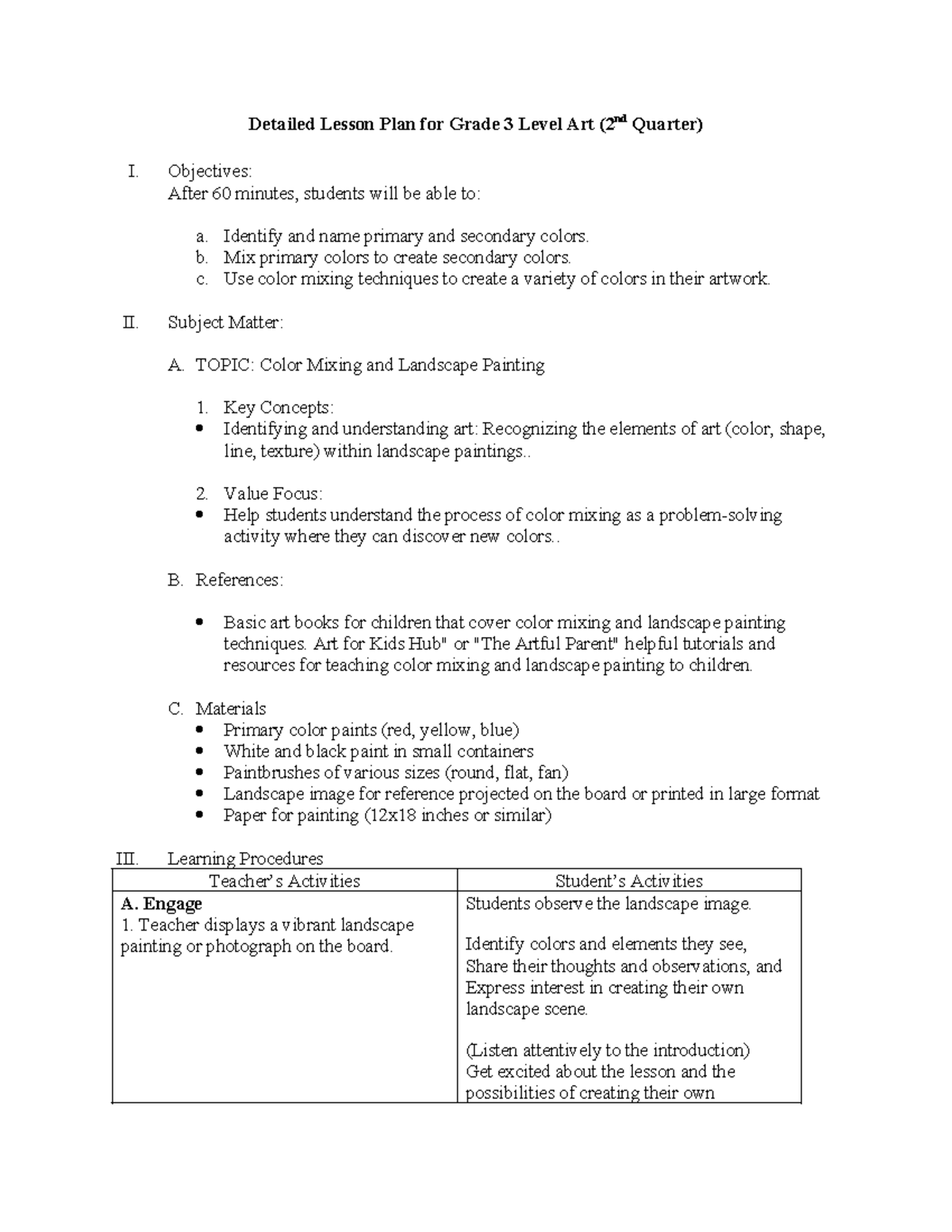 Grade 3 Art 5Es Lesson Plan: Color Mixing & Landscape Painting - Studocu