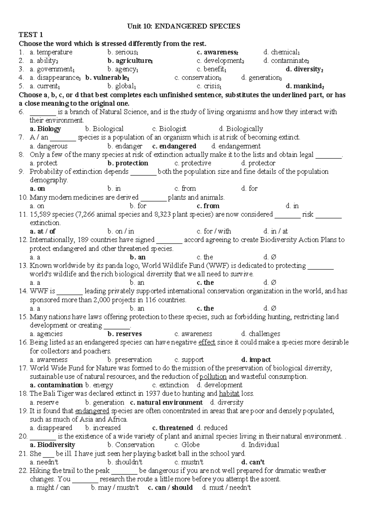 Đề cương đáp án - Unit 10: ENDANGERED SPECIES Test 1 - Studocu