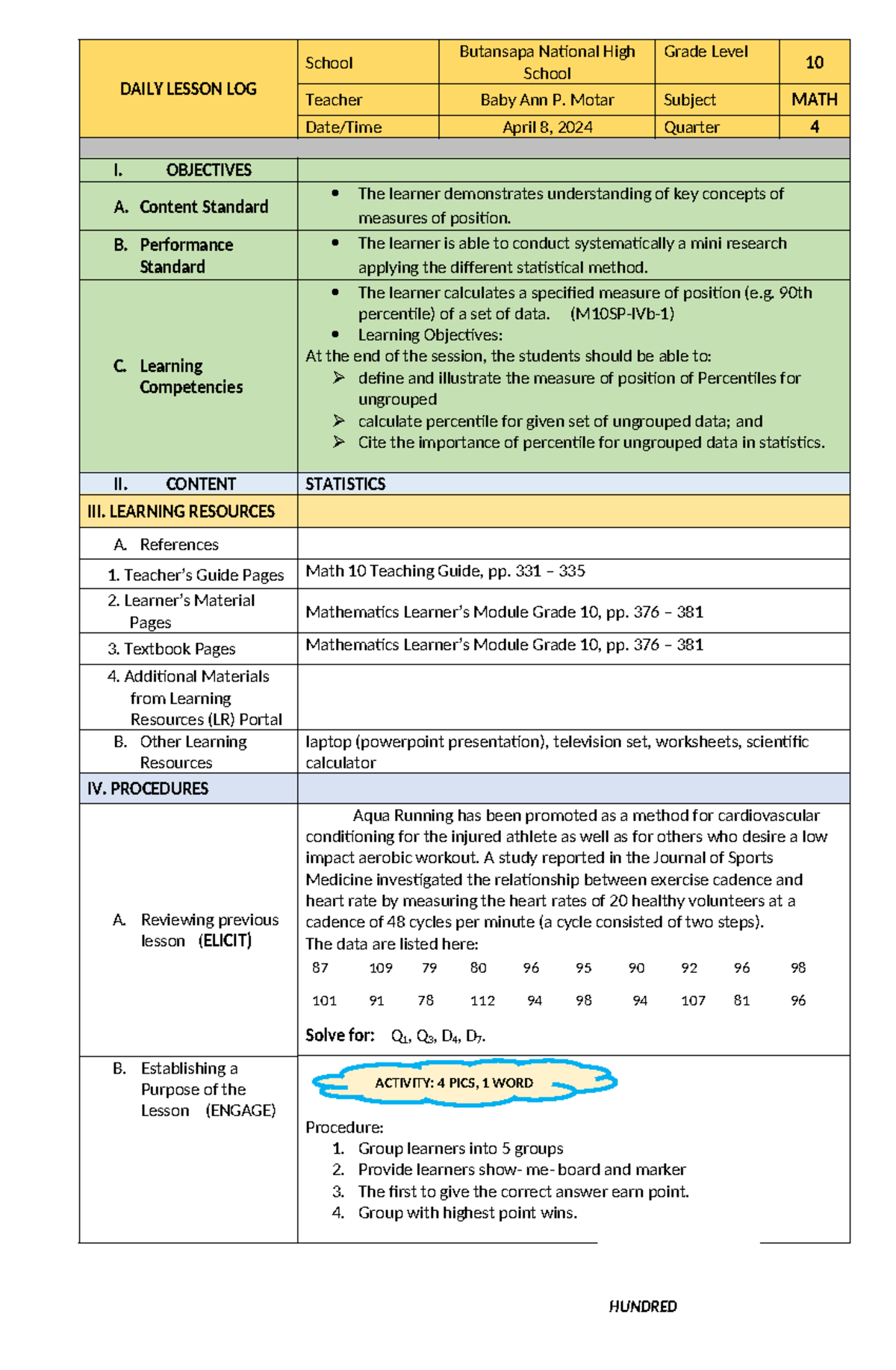 Lesson Plan on Percentiles for Ungrouped Data - Math 10 (Q4) - Studocu