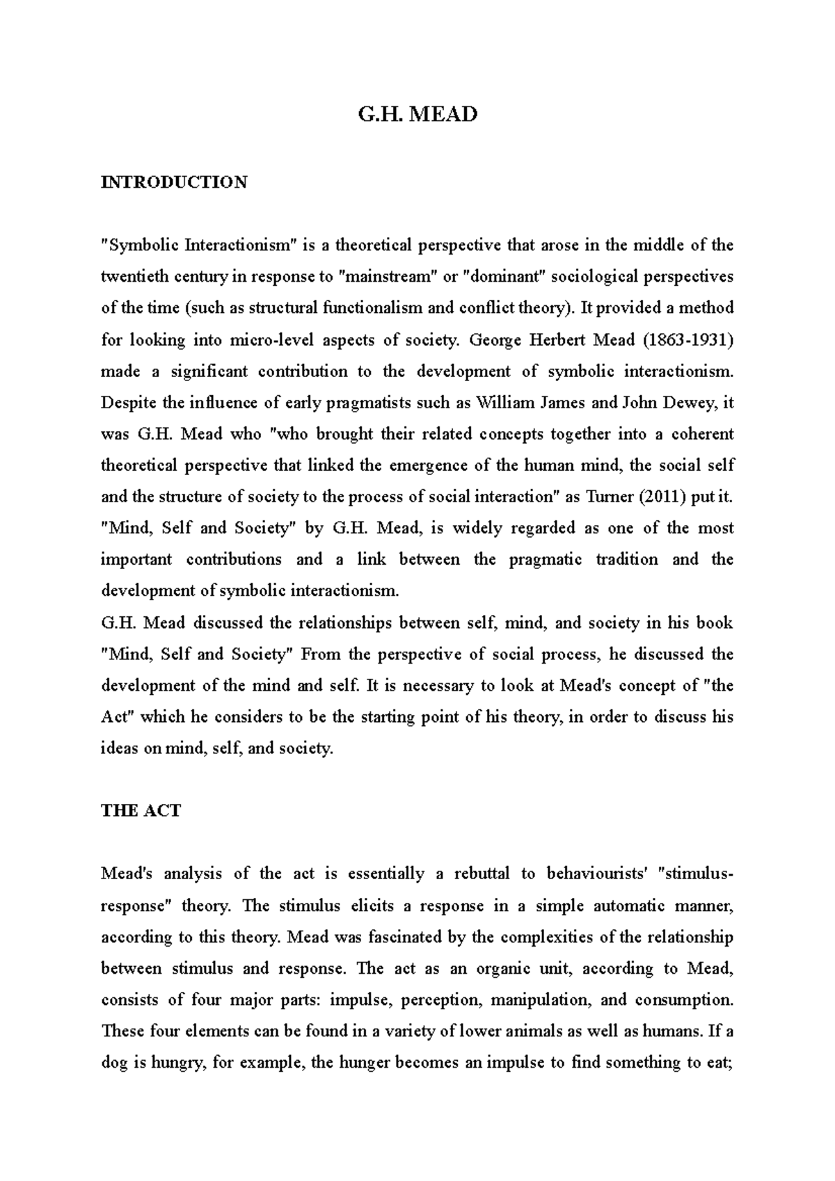 G.H. Mead - Lecture Notes on Symbolic Interactionism and Self ...