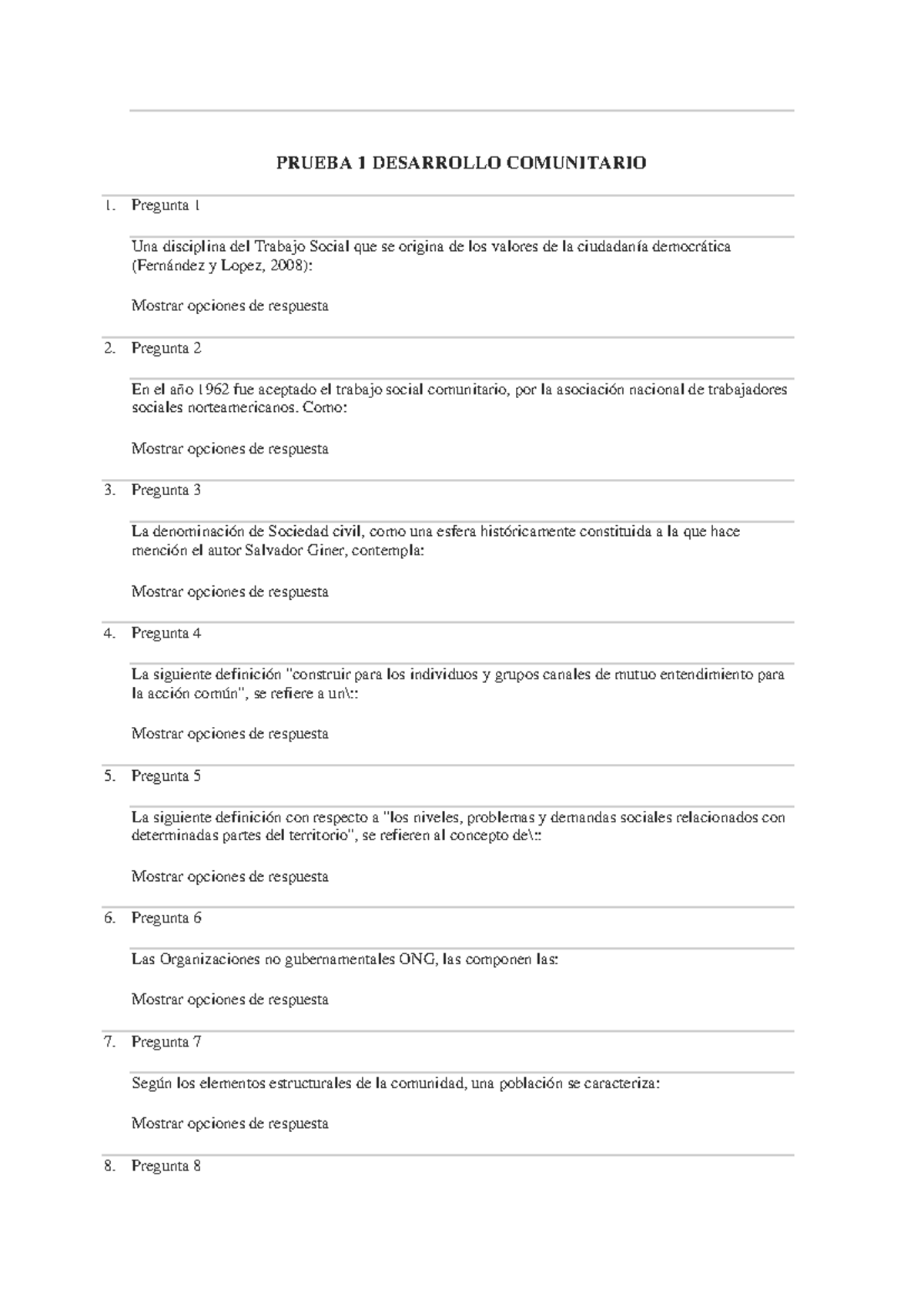 Prueba 1: Desarrollo Comunitario - Preguntas y Respuestas - Studocu