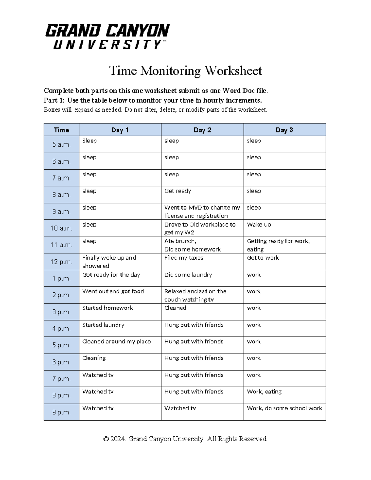 UNV 503 RS Time Monitoring Worksheet and Reflection Assignment - Studocu