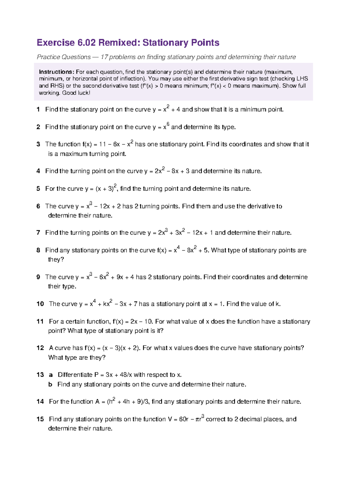 Exercise 6.02: Stationary Points & Their Nature Practice Problems - Studocu