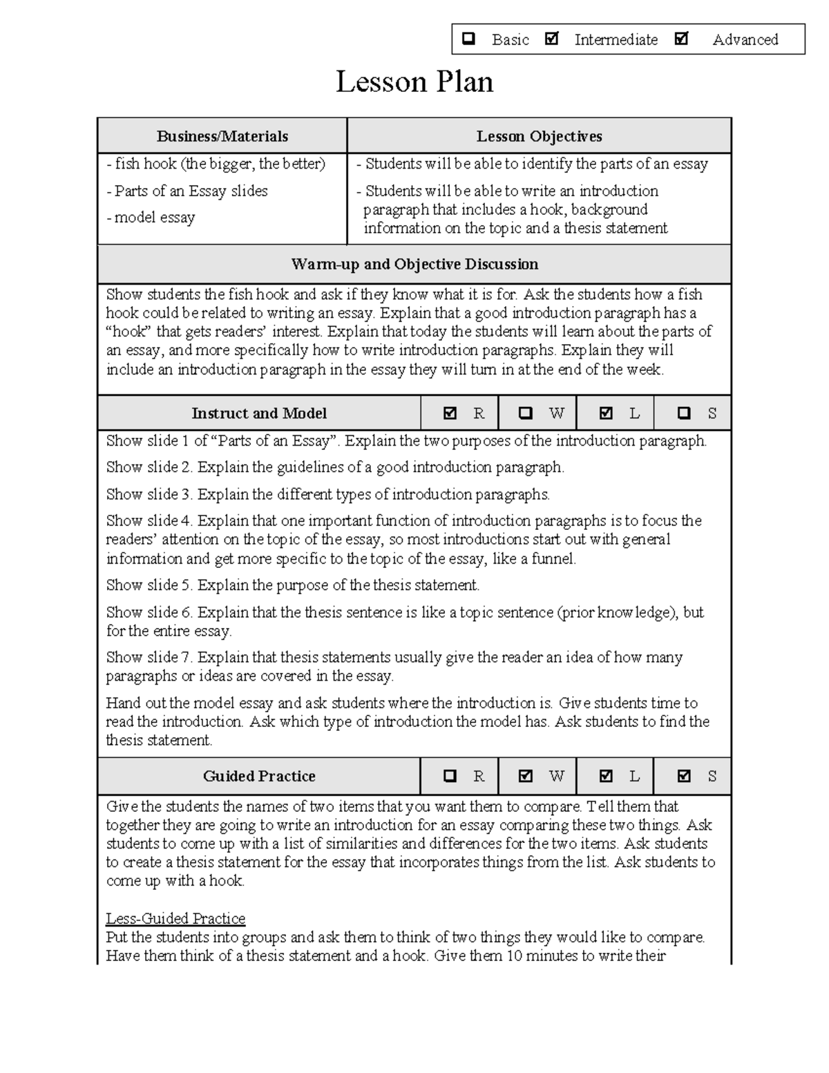 Intermediate Lesson Plan: Writing Effective Introduction Paragraphs ...