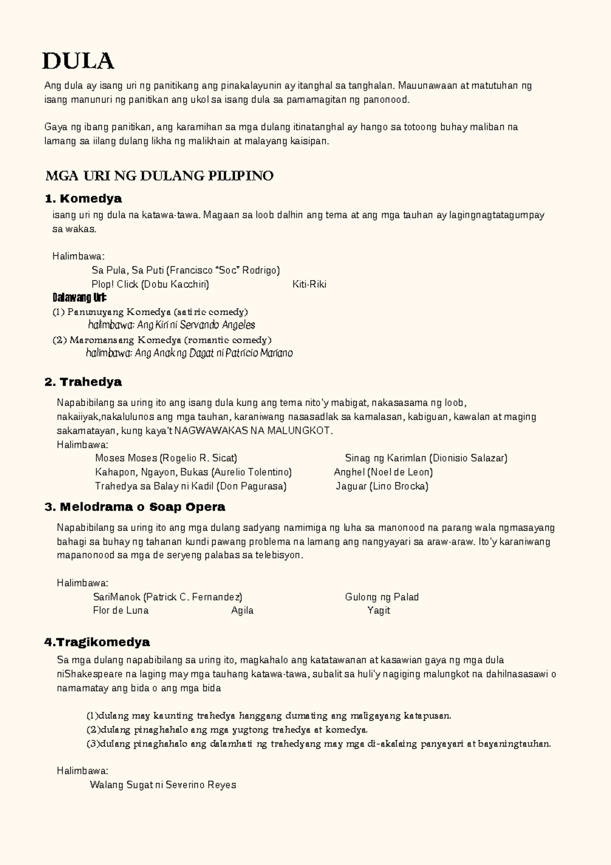 Dula: Mga Uri at Katangian ng mga Dulang Pilipino - Studocu