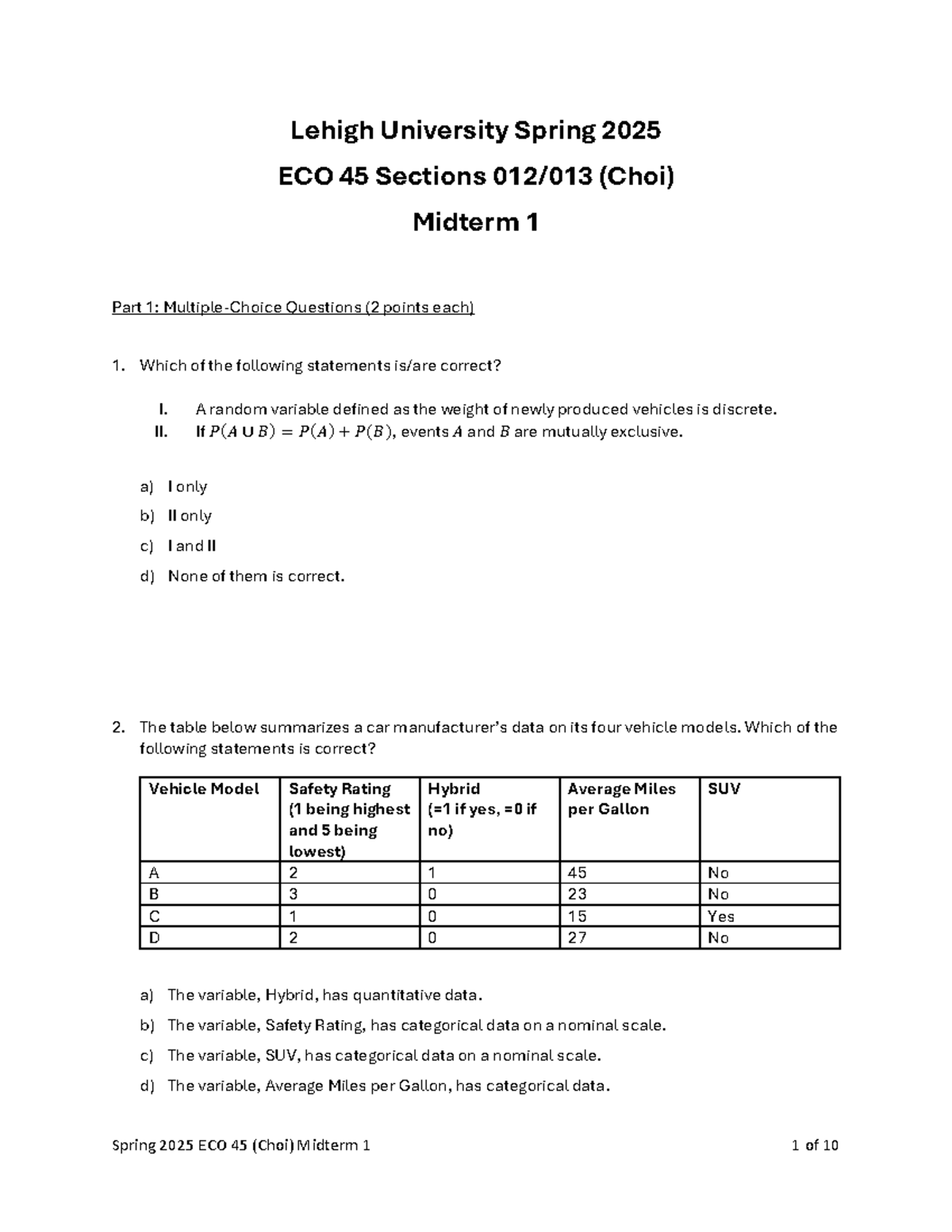 Spring 2025 ECO 45 (Choi) Midterm 1: Comprehensive Question Set - Studocu
