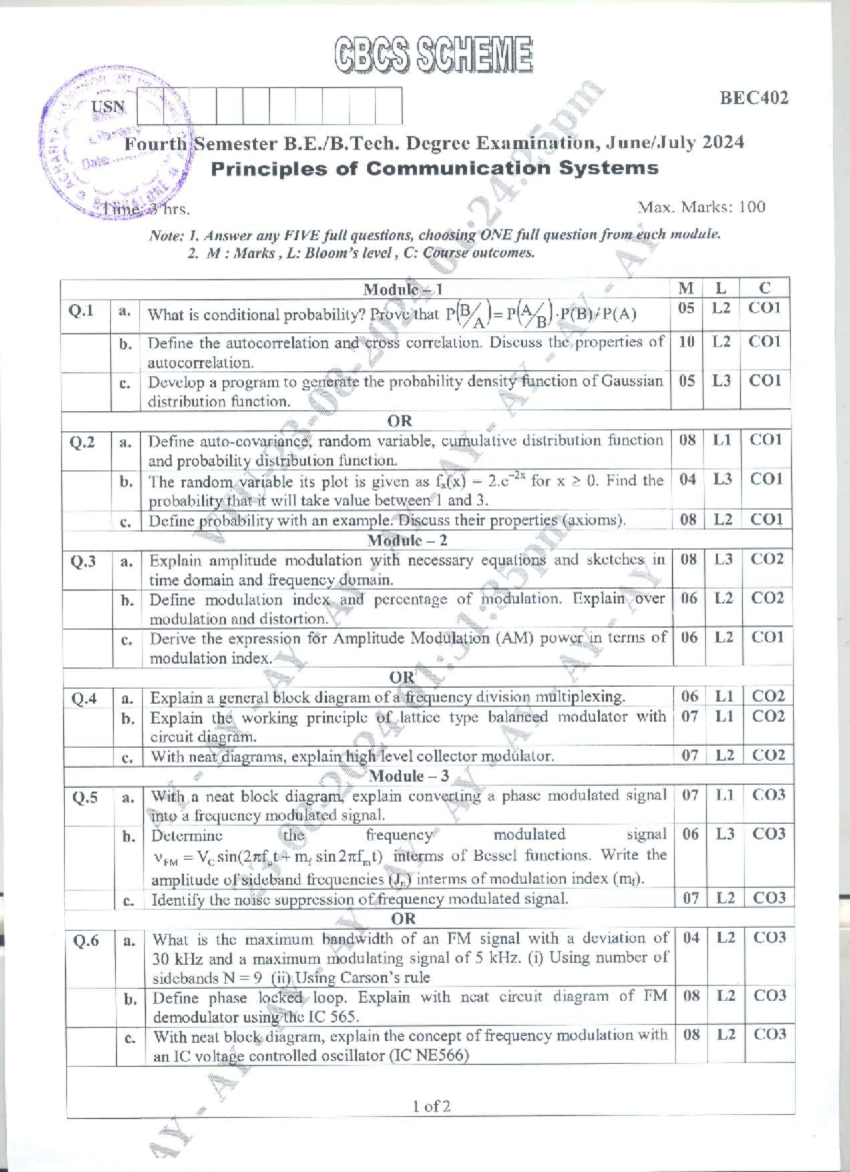 BEC402 - Principles of Communication Systems Exam Notes, 2024 - Studocu