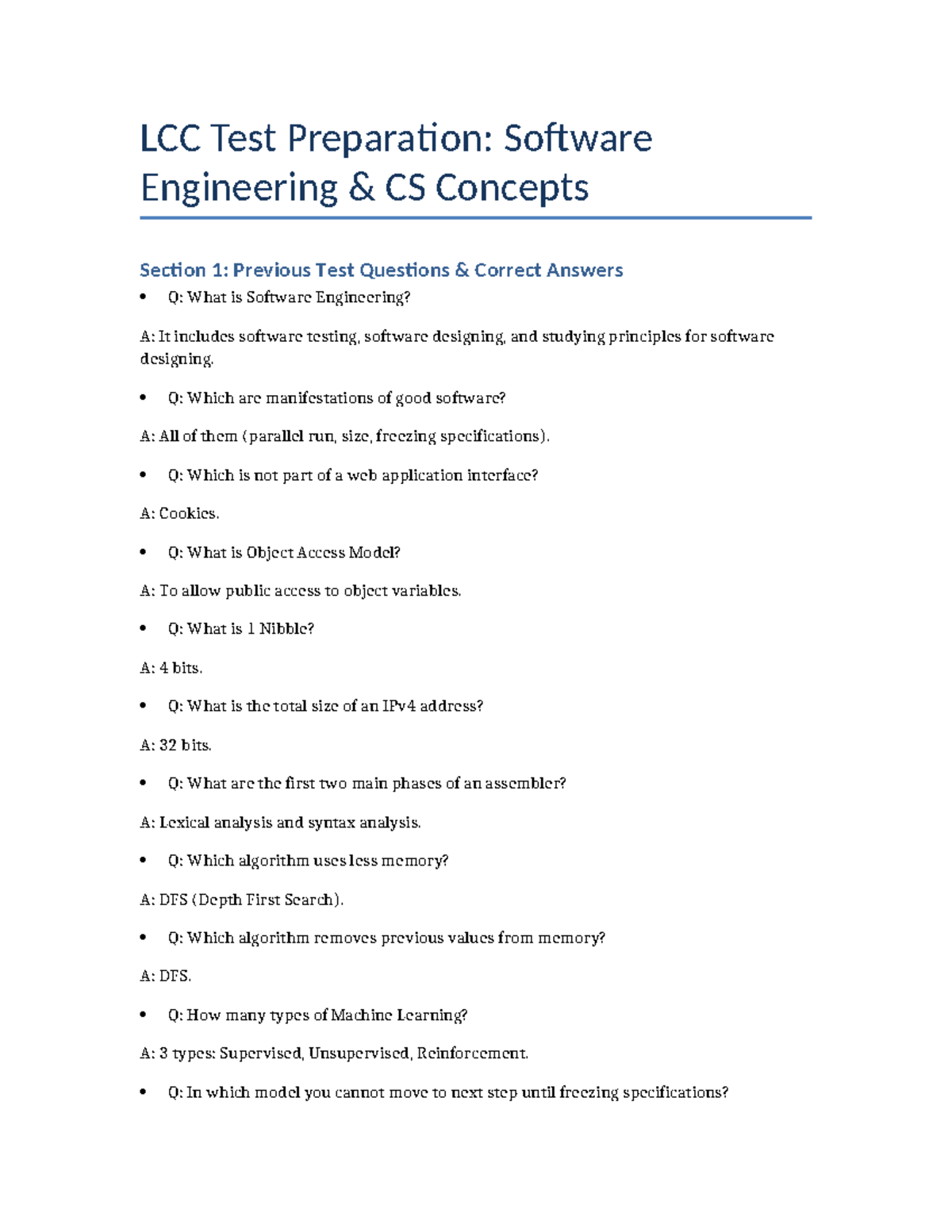 LCC Test Prep: Software Engineering Concepts & Answers - Studocu