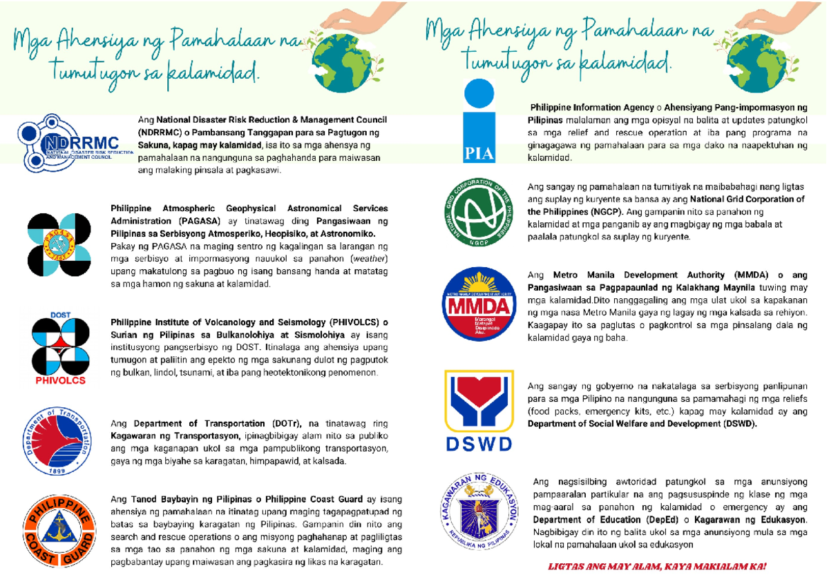 MGA Ahensiya ng Pamahalaan sa Pagtugon sa Kalamidad at Sakuna - Studocu