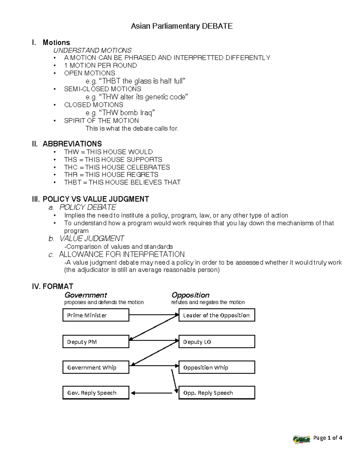 Asian Parl Debate Handouts: Understanding Motions & Formats - Studocu