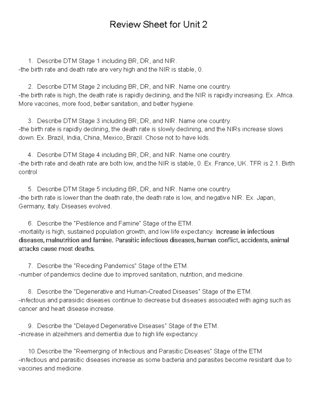 AP Human Geo - Unit 2 Review Sheet on Demographic Transition Model ...