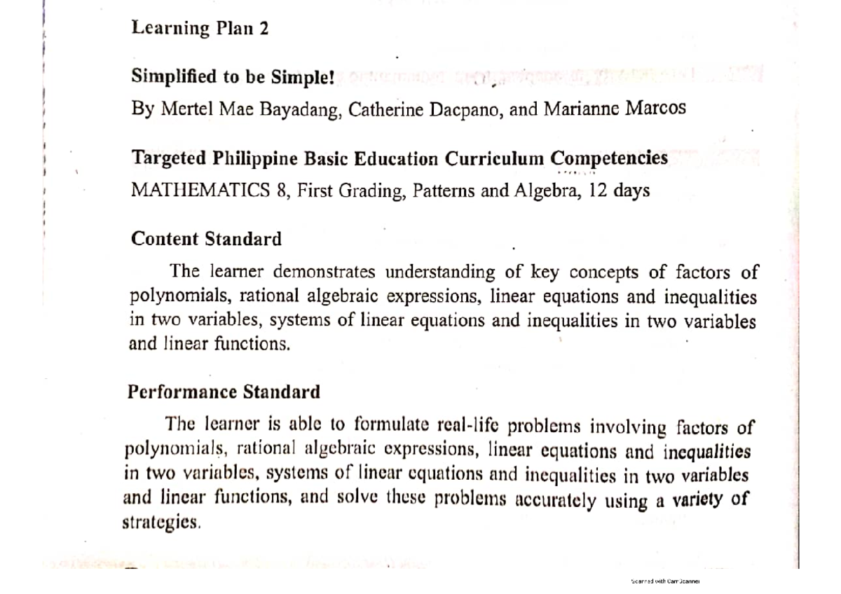 MATHEMATICS 8: Simplified Learning Plan for Rational Algebraic ...