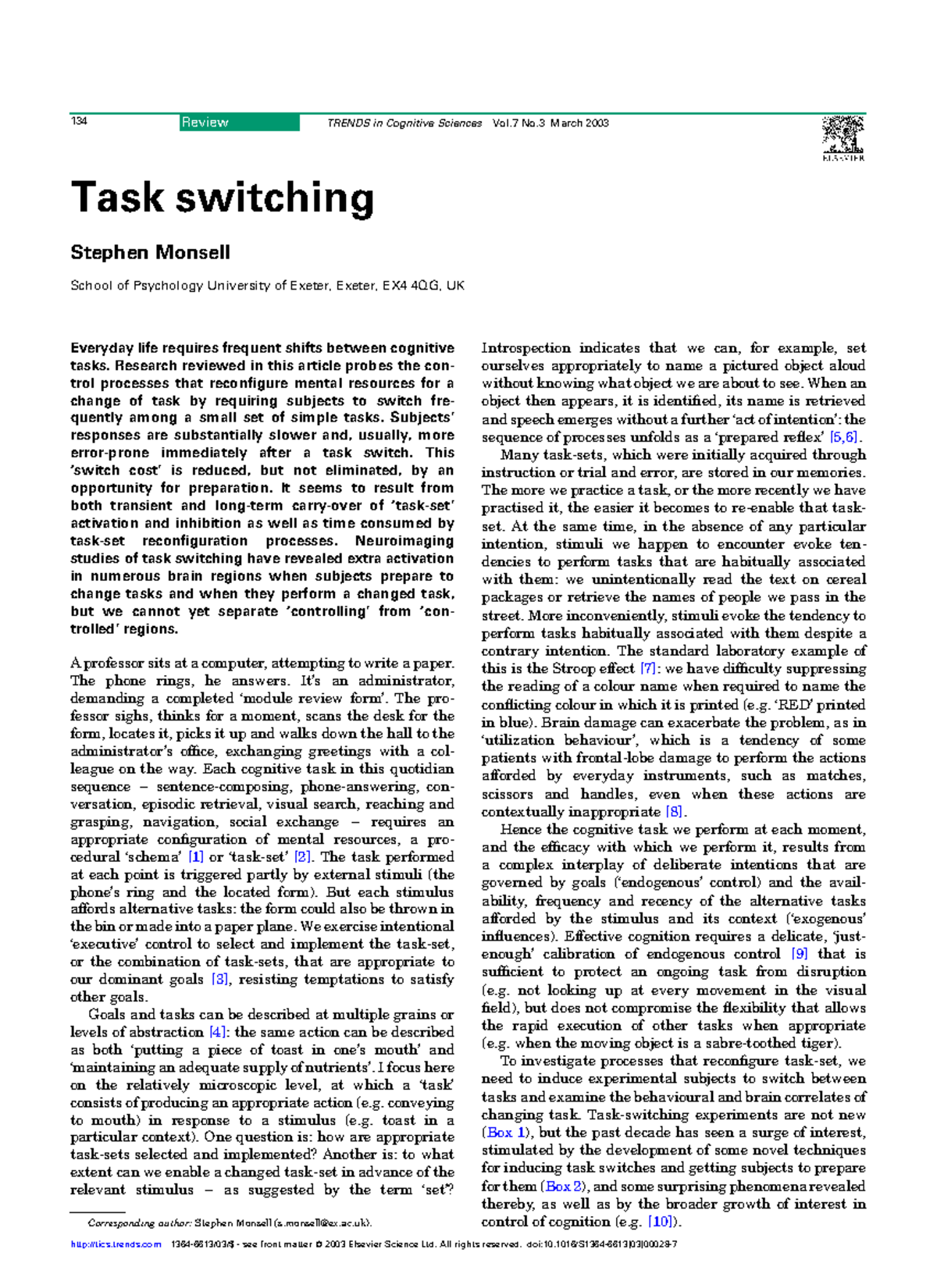 TRENDS in Cognitive Sciences: Task Switching Review (Vol. 7, No. 3 ...