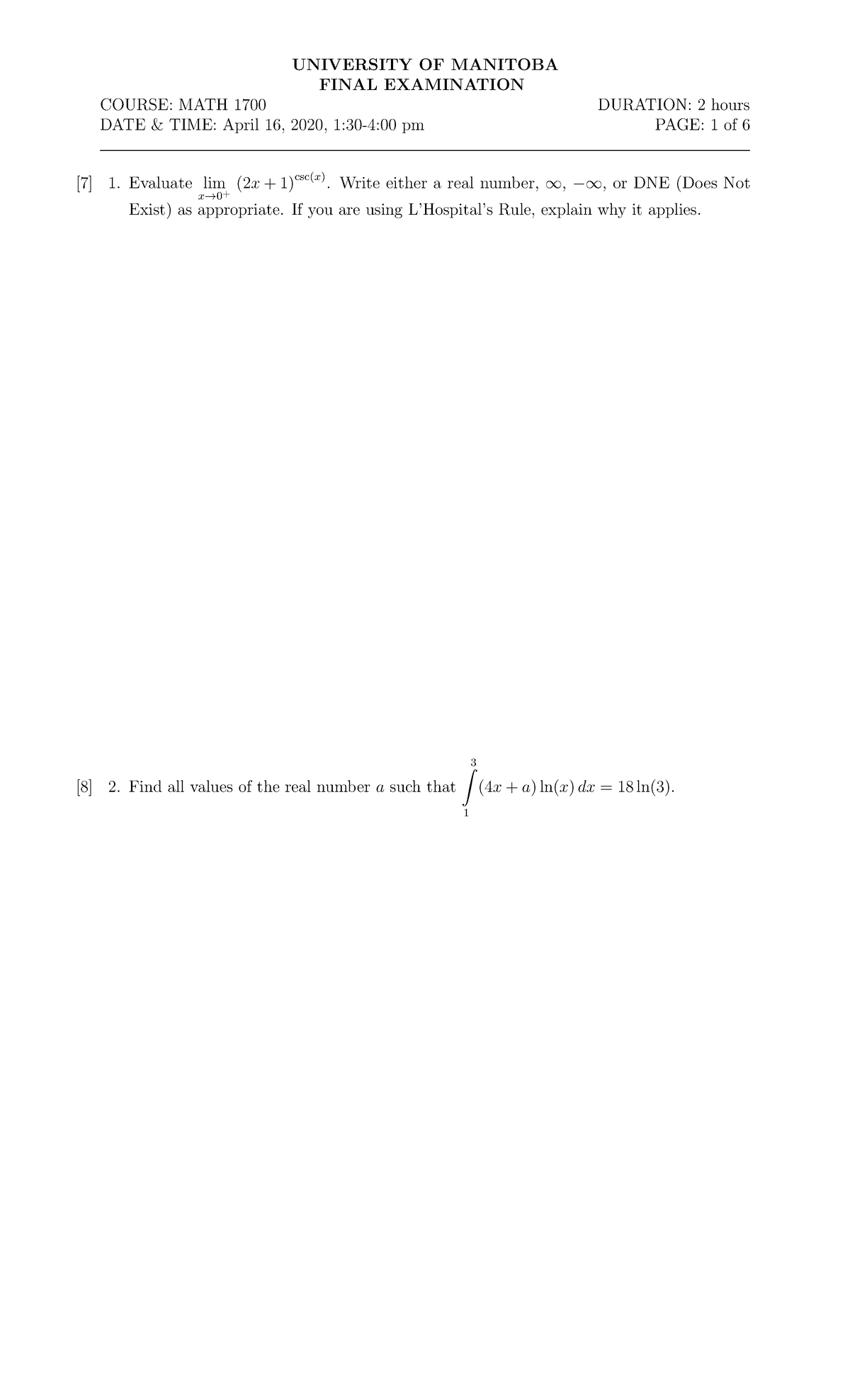 Math 1700 W2020 Final Exam Questions and Solutions - Studocu