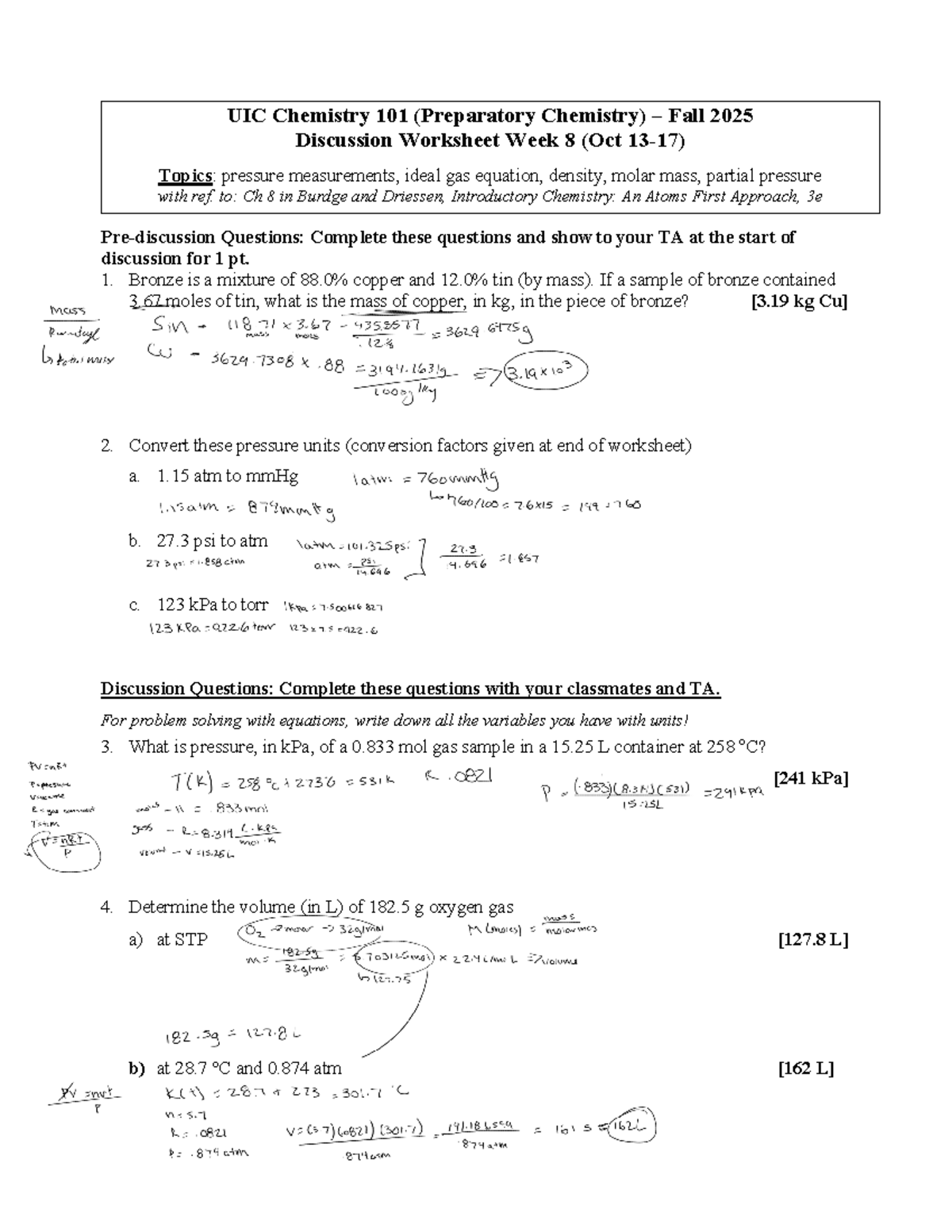 UIC Chem 101 Fall 2025 Discussion Worksheet Week 8: Gas Laws & Pressure ...