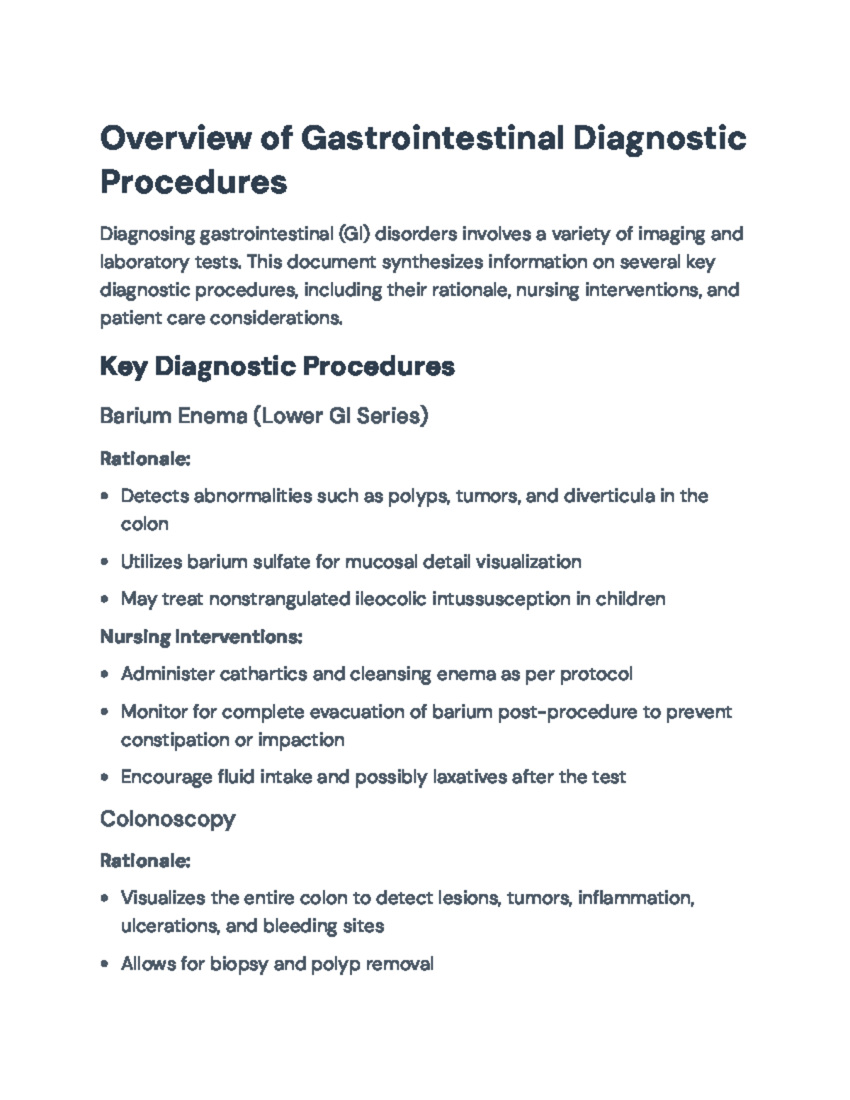 GI Diagnostic Procedures: Rationale & Nursing Care Overview - Studocu
