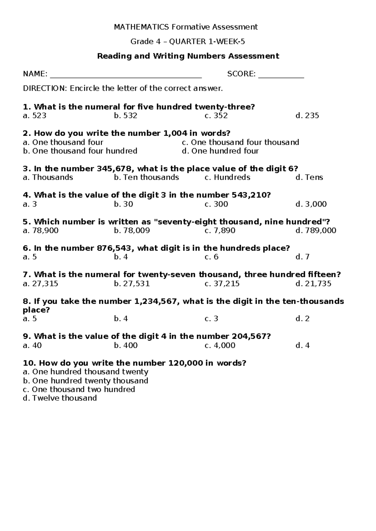 MATHEMATICS Formative Assessment Grade 4: Reading & Writing Numbers ...