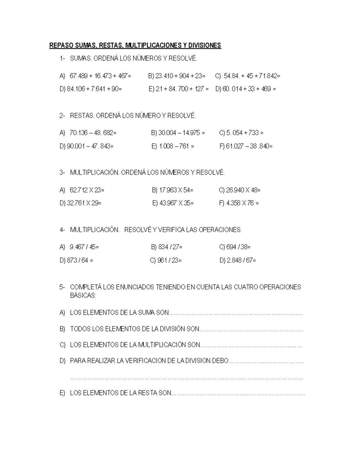 Repaso de Operaciones Básicas: Sumas, Restas, Multiplicaciones y Divisiones - Studocu