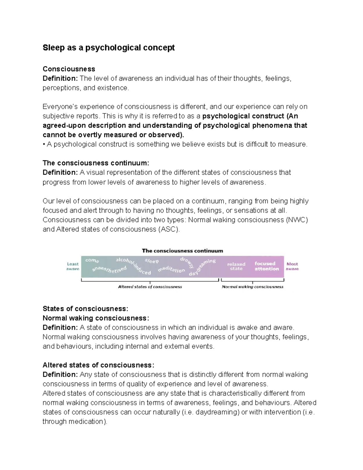Psychology Notes: Understanding Sleep and Consciousness Concepts - Studocu