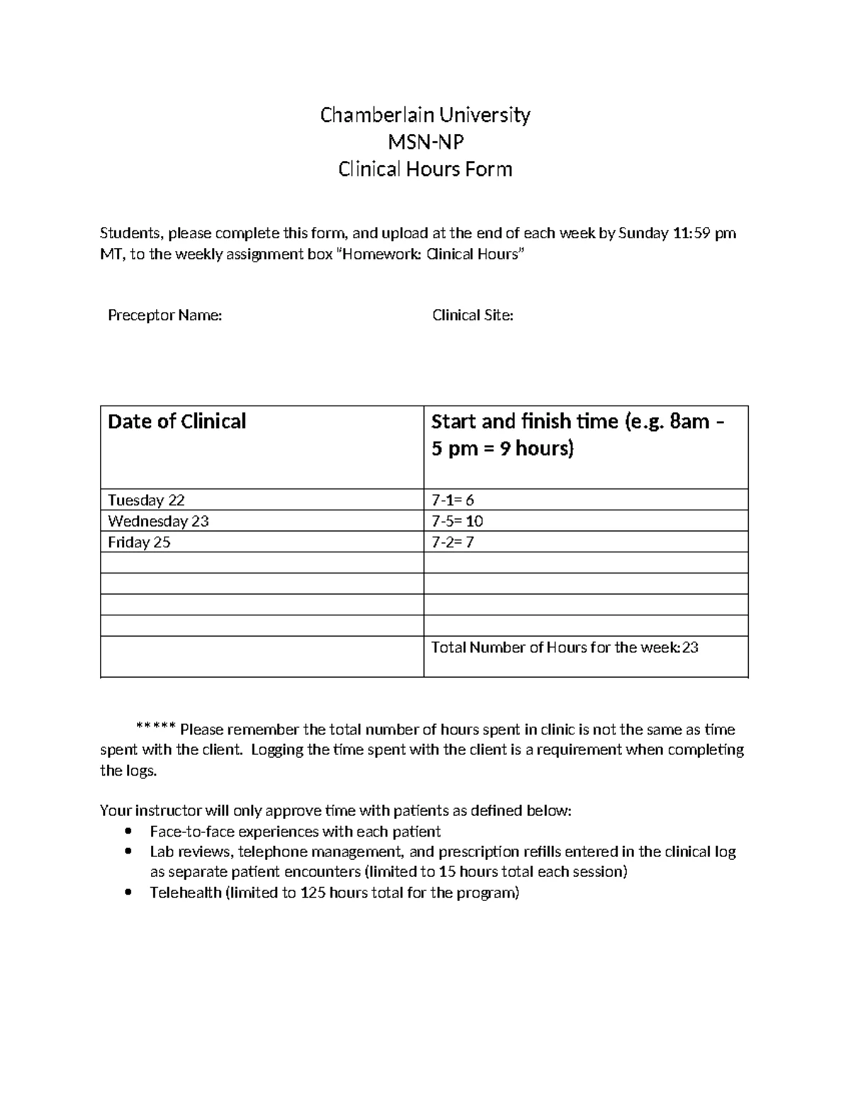 Chamberlain University Clinical Hours Form - Week 5 Submission - Studocu