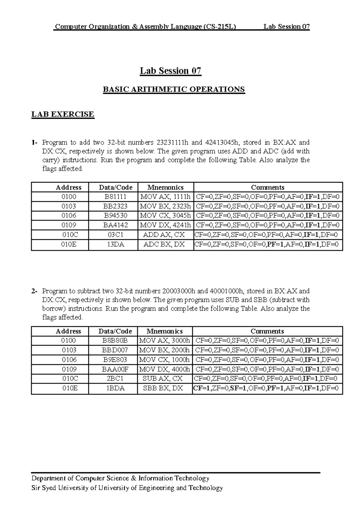 CS-215L Lab 07: Solved Exercises on Arithmetic Operations in Assembly - Studocu