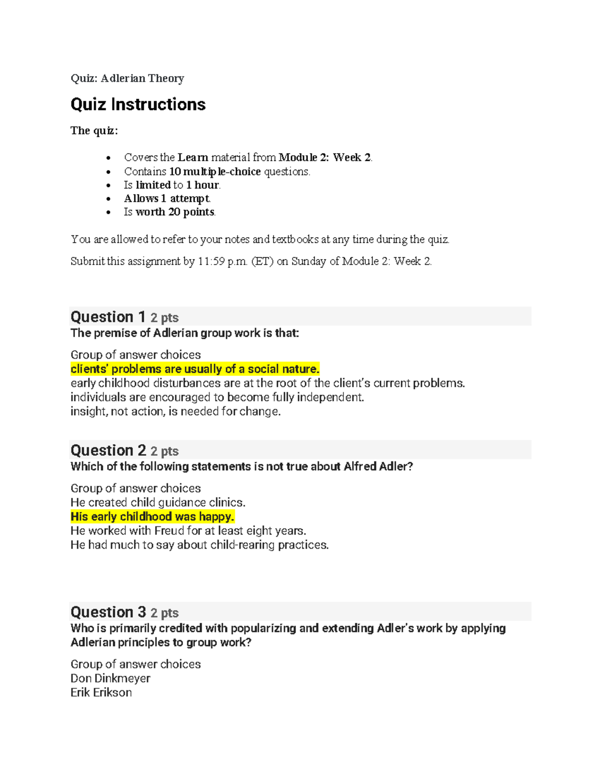 Quiz: Adlerian Theory (Module 2: Week 2) Study Guide - Studocu