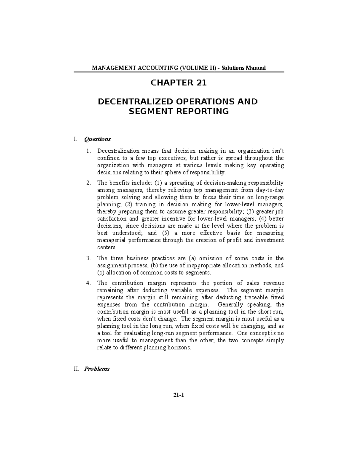 Chapter 9 Decentralized Operations And Segment Reporting Management Accounting Volume Ii