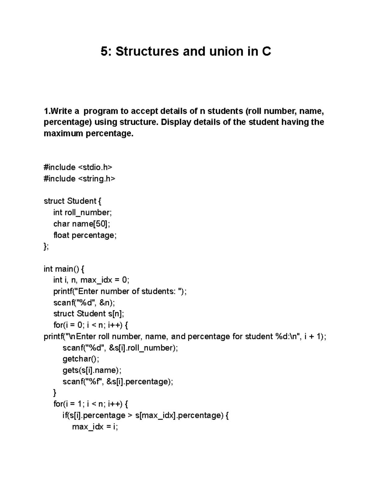 Sem 2 practical 5 - Test imp question - 5: Structures and union in C 1 ...