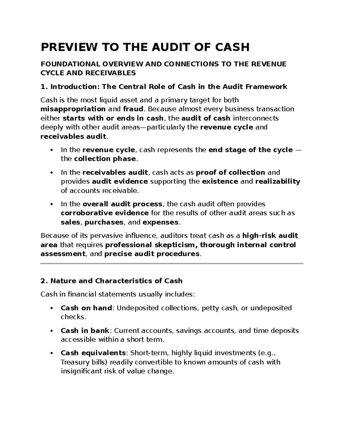 Audit of Cash: Foundational Overview & Revenue Cycle Connections - Studocu