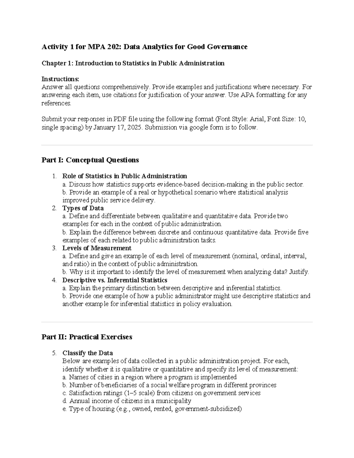 Activity 1 for MPA 202: Data Analytics in Public Admin - Stats Intro ...