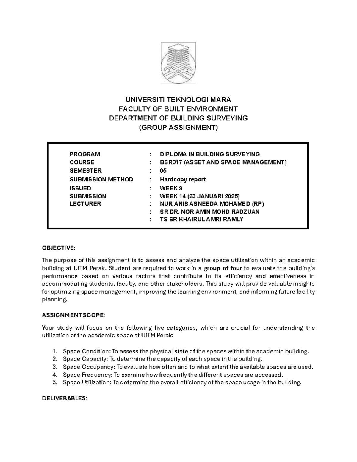 BSR317 Group Assignment: Space Utilization Analysis at UiTM Perak - Studocu