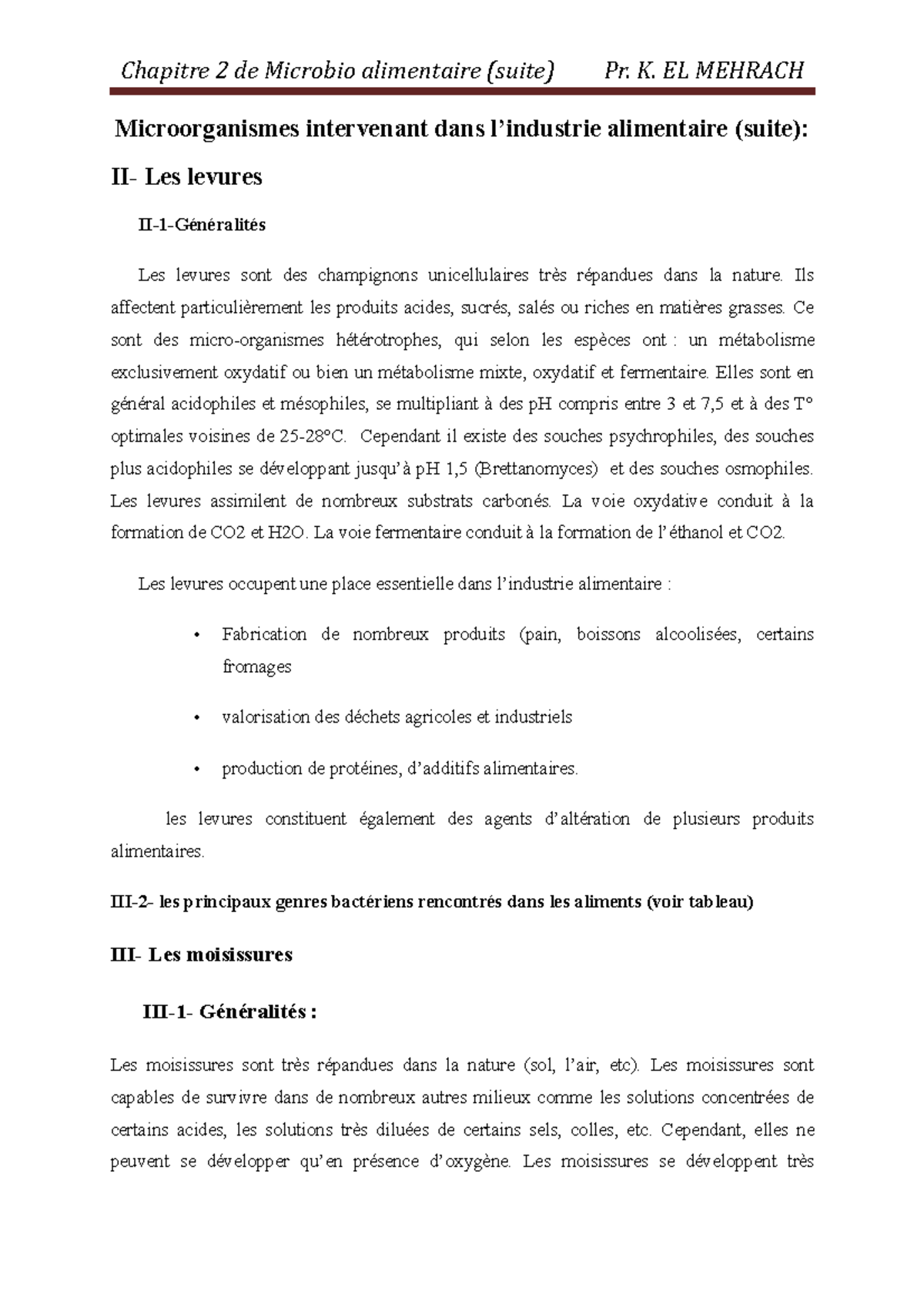 Chapitre 2: Levures et Moisissures en Microbio Alimentaire S5 - Studocu