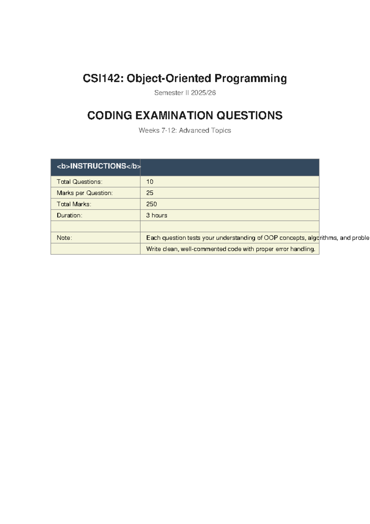 CSI142: Programming Semester II Coding Exam Questions (Total 250 Marks ...