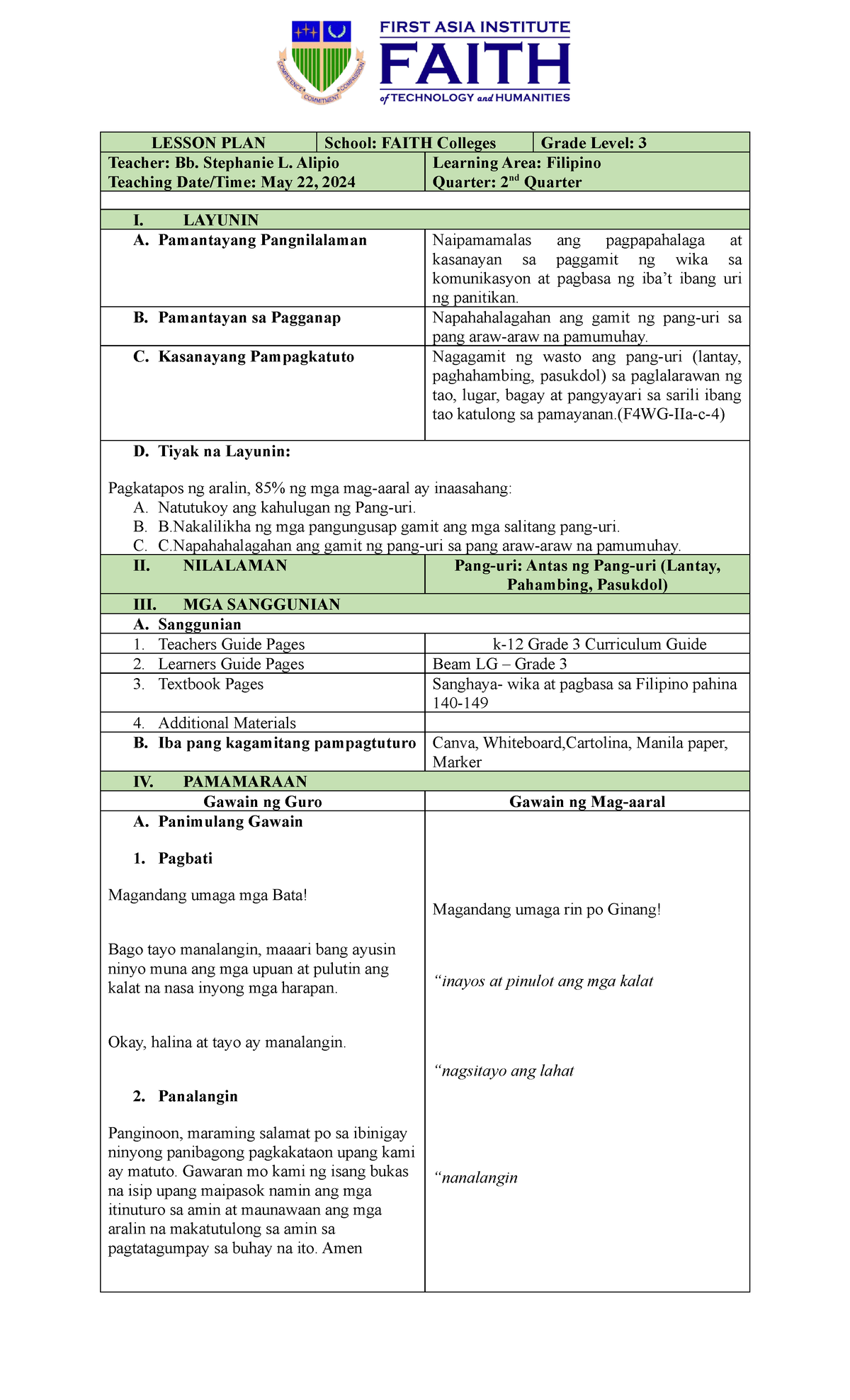 Filipino Lesson Plan for Grade 3: Focus on Pang-uri Skills - Studocu