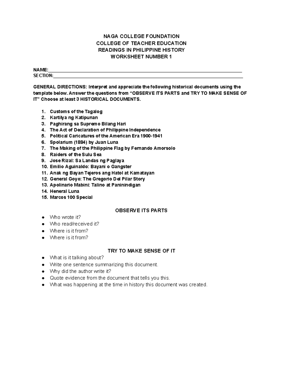 READINGS IN PHILIPPINE HISTORY: WORKSHEET #1 ANALYSIS & INTERPRETATION ...