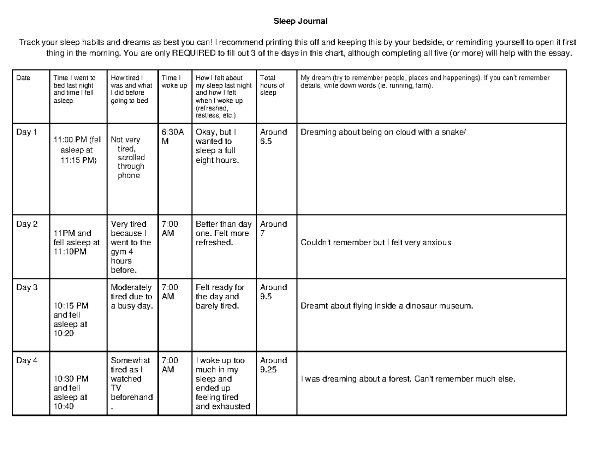 Sleep and Dream Journal for Sleep Habits Tracking - Studocu