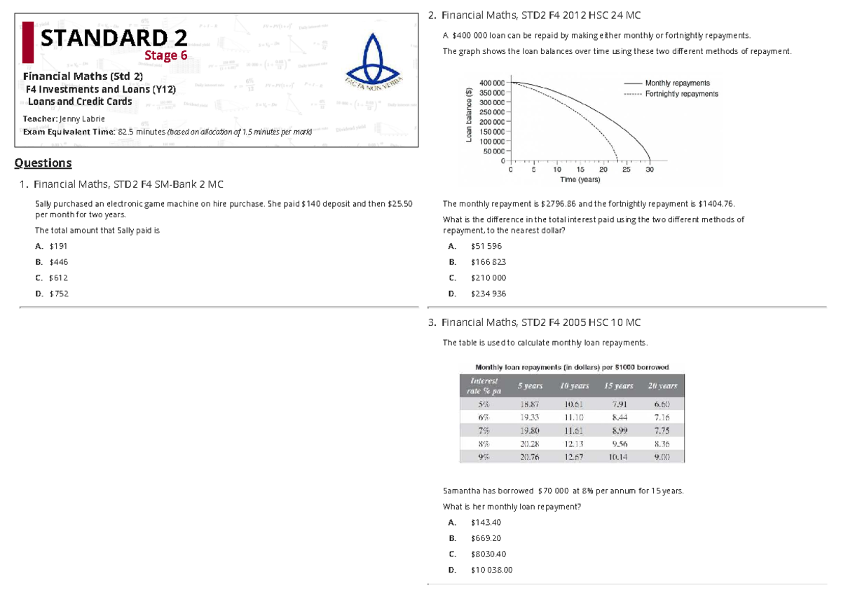 Financial Maths STD2 F4 HSC Loan Repayment Questions and Solutions ...