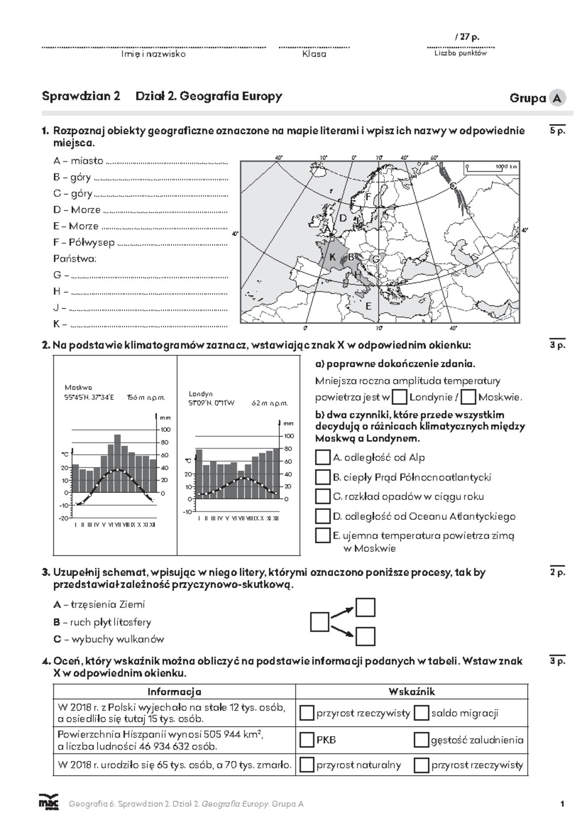Geografia 6. Sprawdzian 2 – Geografia Europy, Grupa A i B - Studocu