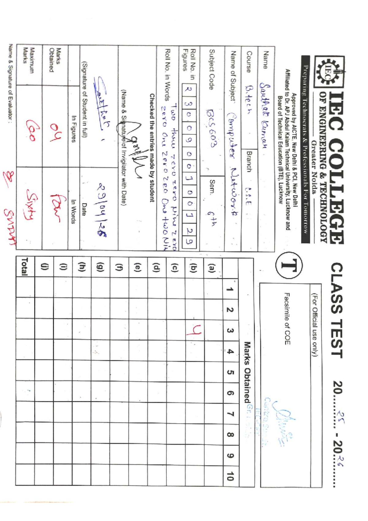 IEC B.Tech C.S.E Class Test BCS603 - Computer Networks - Studocu