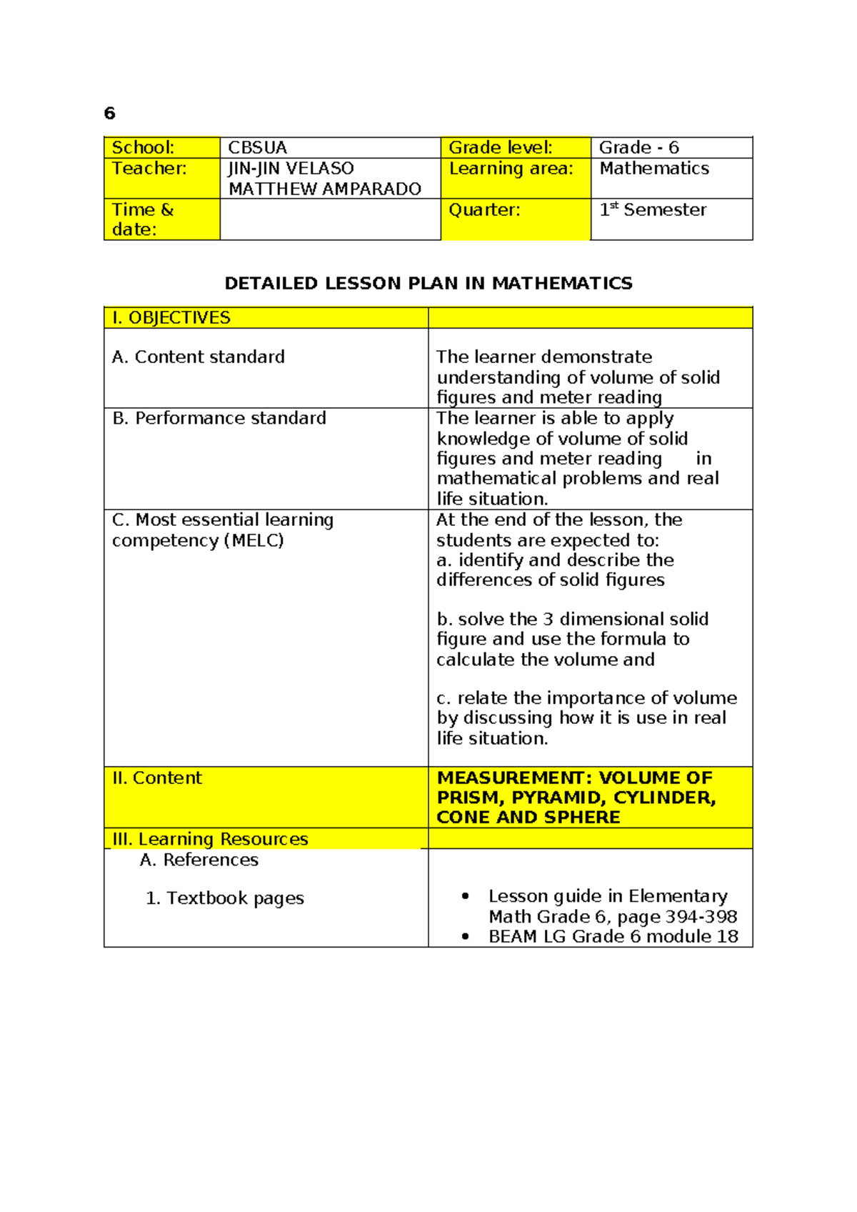 Lesson PLAN - Mathematics - 6 School: CBSUA Grade level: Grade - 6 ...