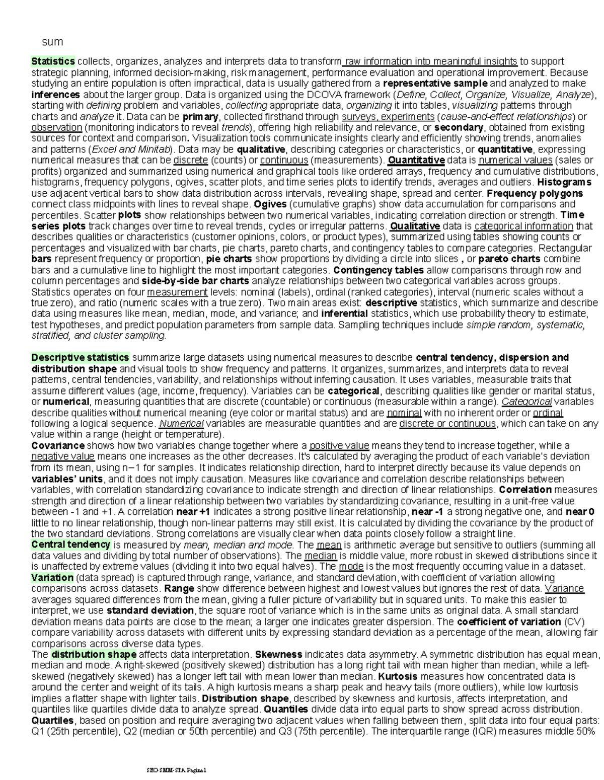 Statistics Overview and Analysis Techniques - Course Code: SUM - Studocu