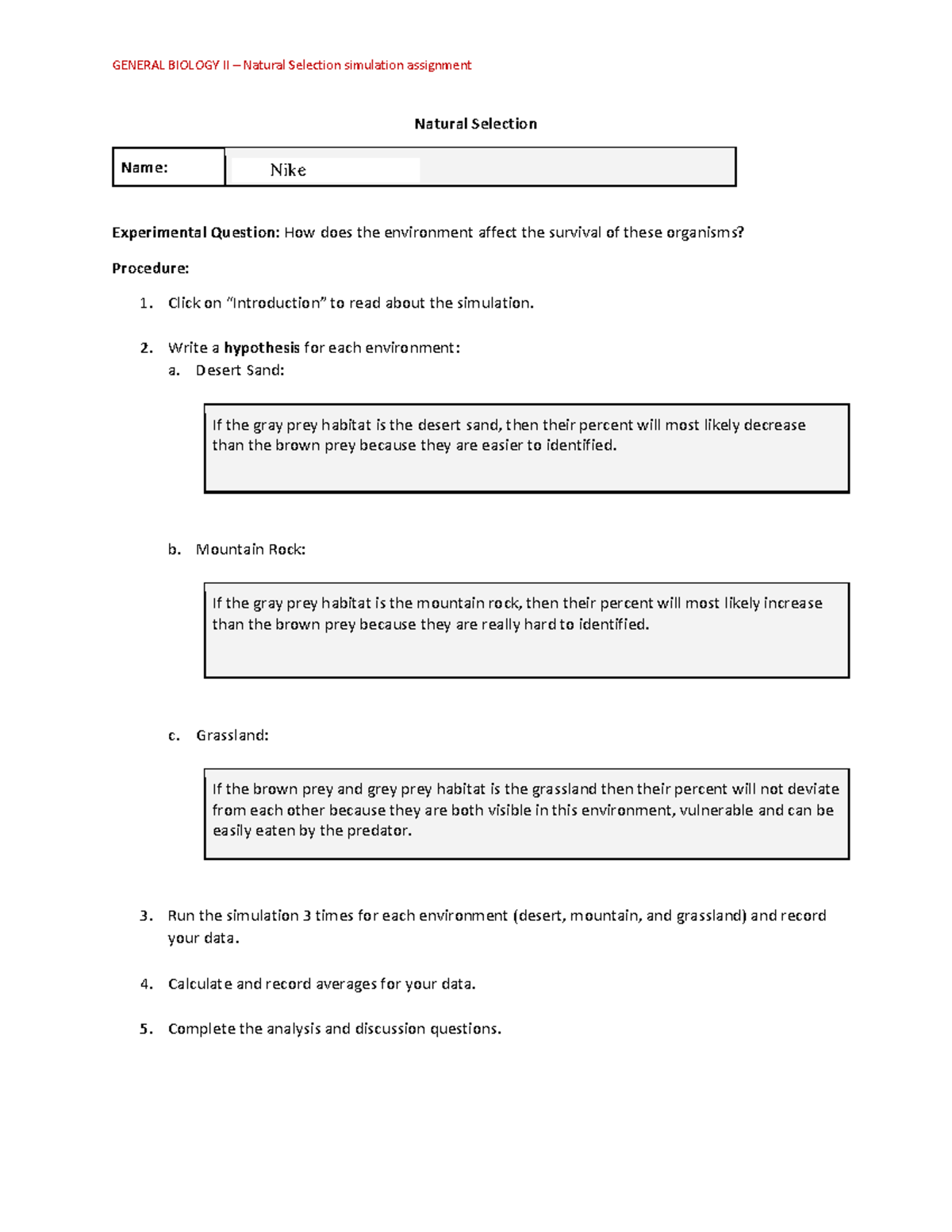 BIO1114-W1 Natural Selection: Exploring Environmental Impacts on ...