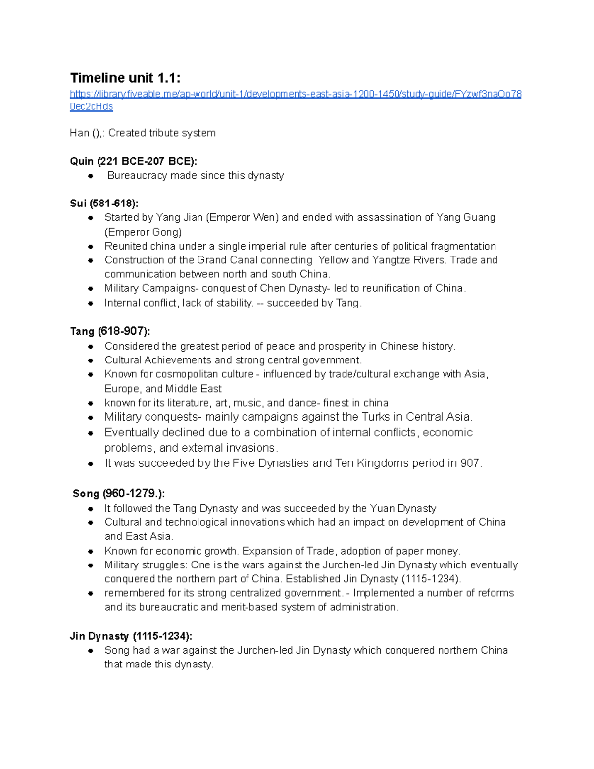 AP World History Unit 1: Timeline of Chinese Dynasties and Islam - Studocu