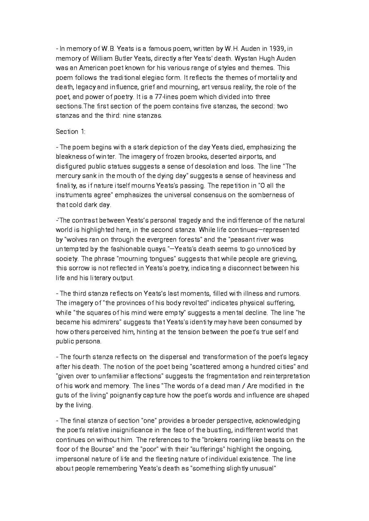 In memory of W.B. Yeats by Wystan Hugh Auden - In memory of W. Yeats is ...