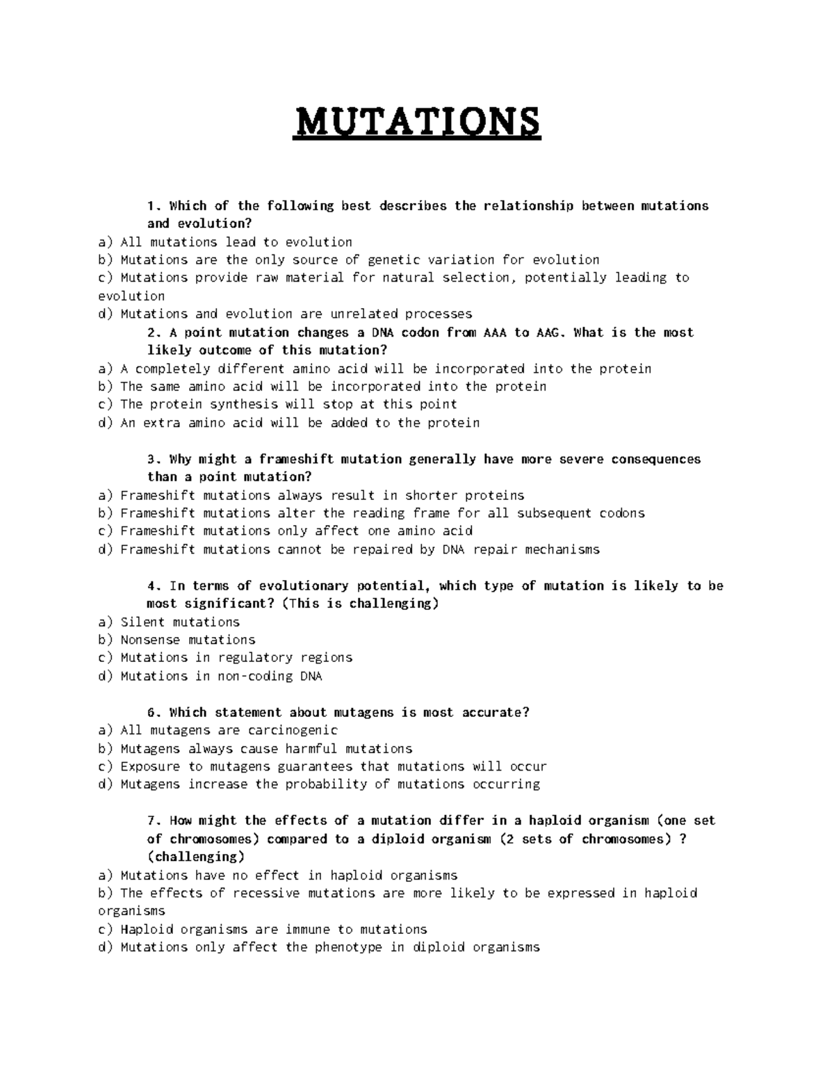 Study Guide: UNIT TEST on Mutations & Evolutionary Consequences - Studocu