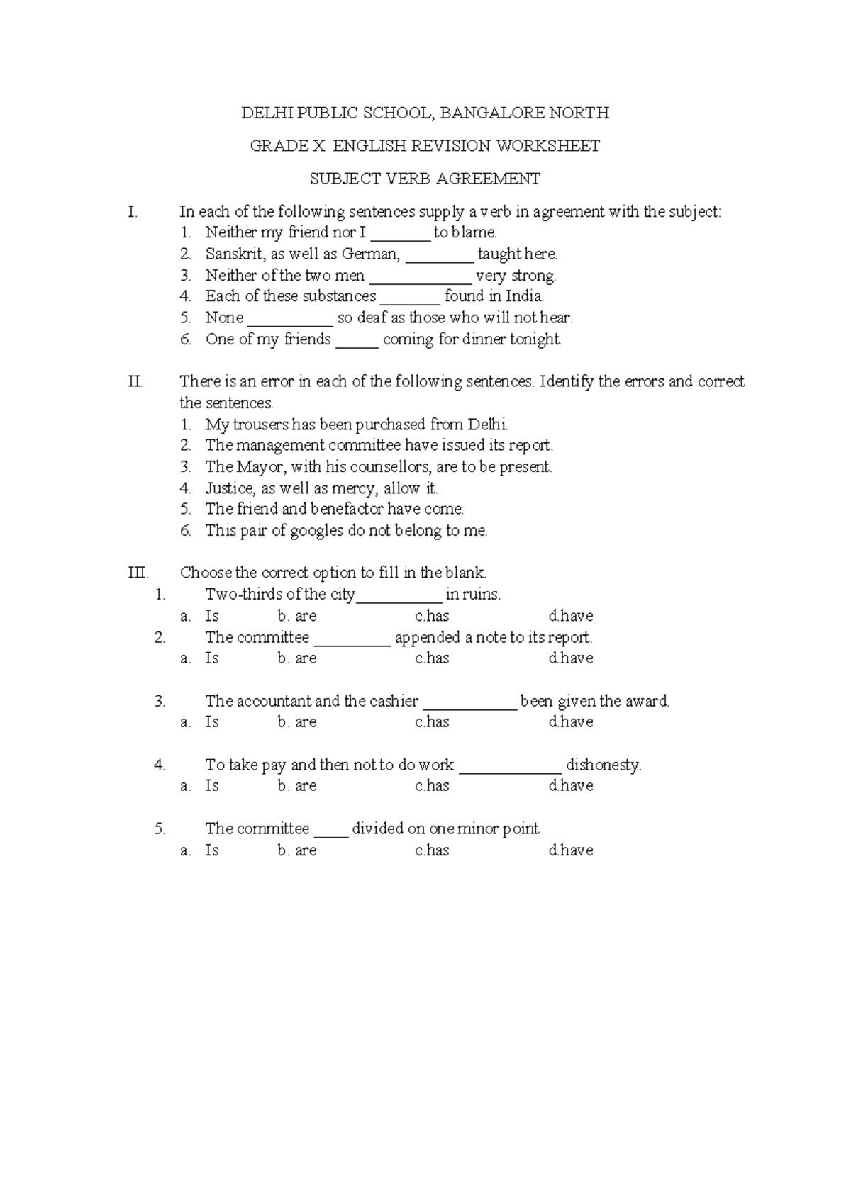 Grade X English Revision: Subject-Verb Agreement Worksheet - Studocu