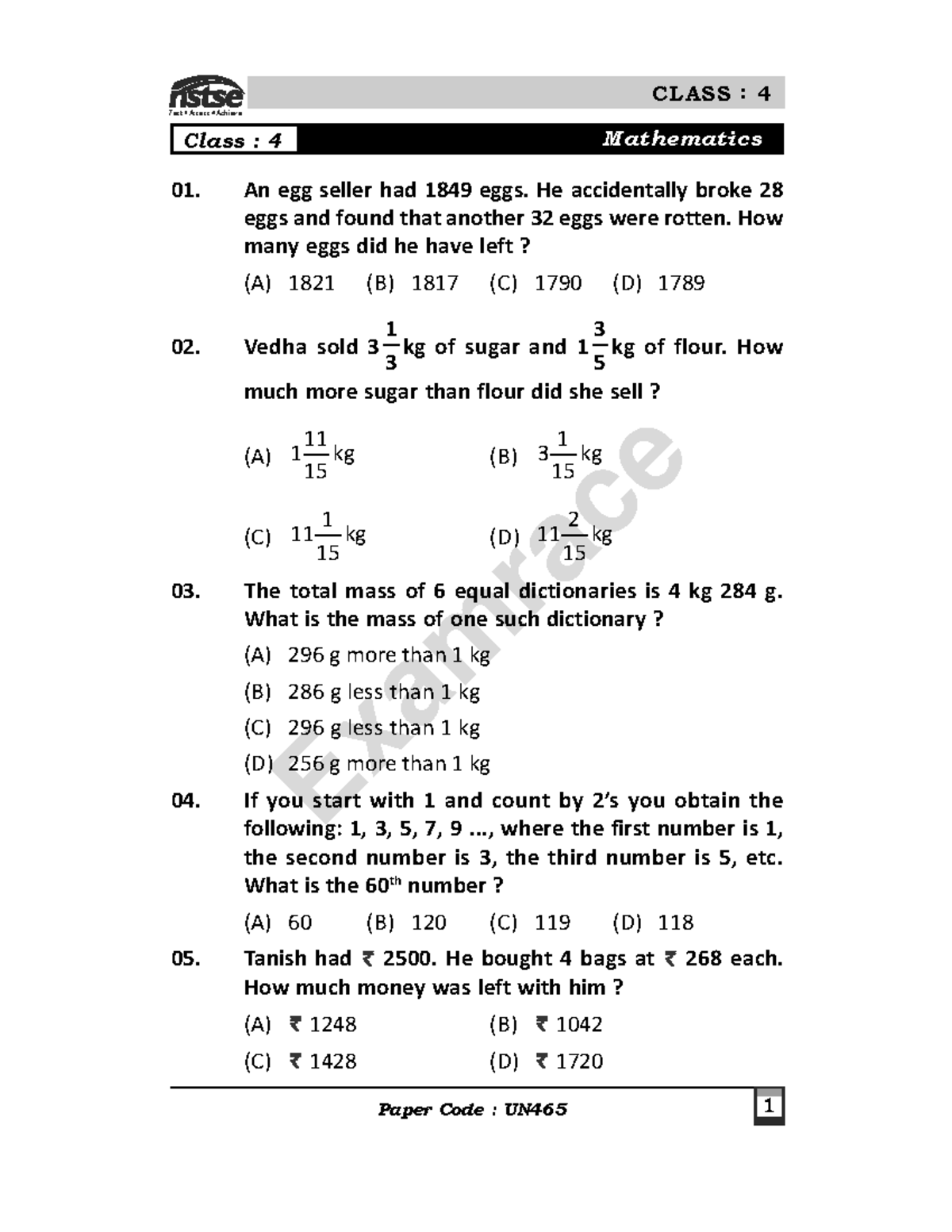 CLASS 4 Mathematics Test Paper UN465 - Nstse 2021 - Studocu