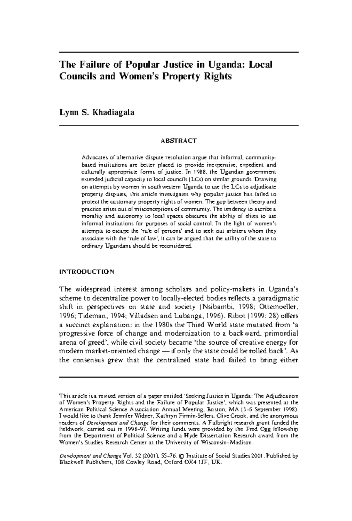The Failure of Popular Justice in Uganda: Local Councils & Women's ...