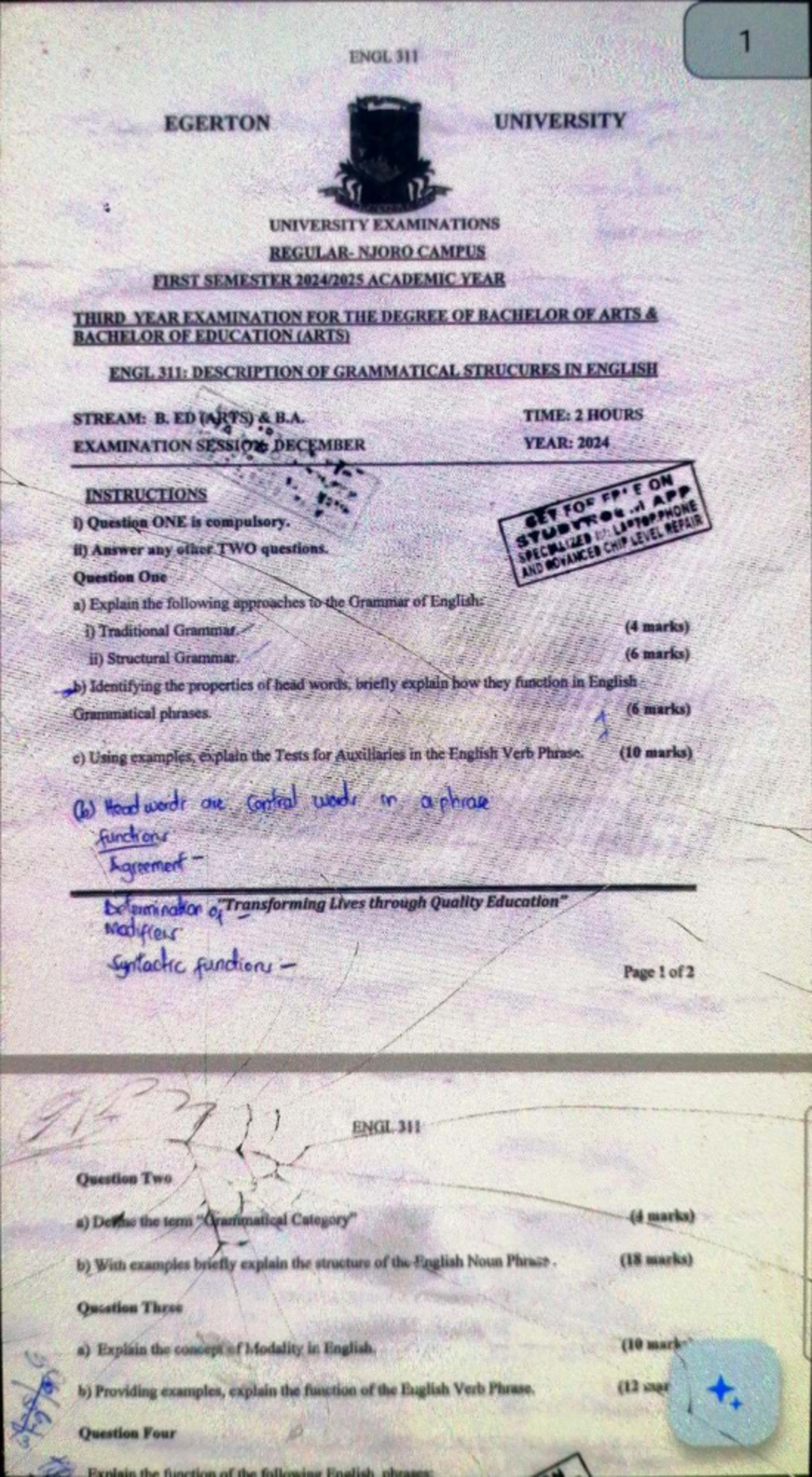 ENGL 311: Description of Grammatical Structures in English - Exam Notes ...